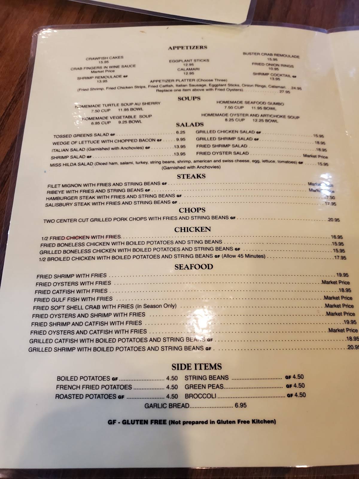 Menu at Mandina's Restaurant, New Orleans