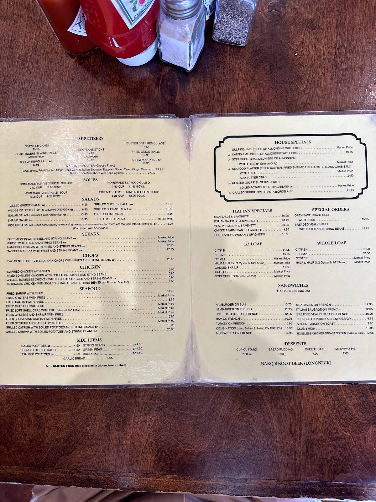 Menu at Mandina's Restaurant, New Orleans