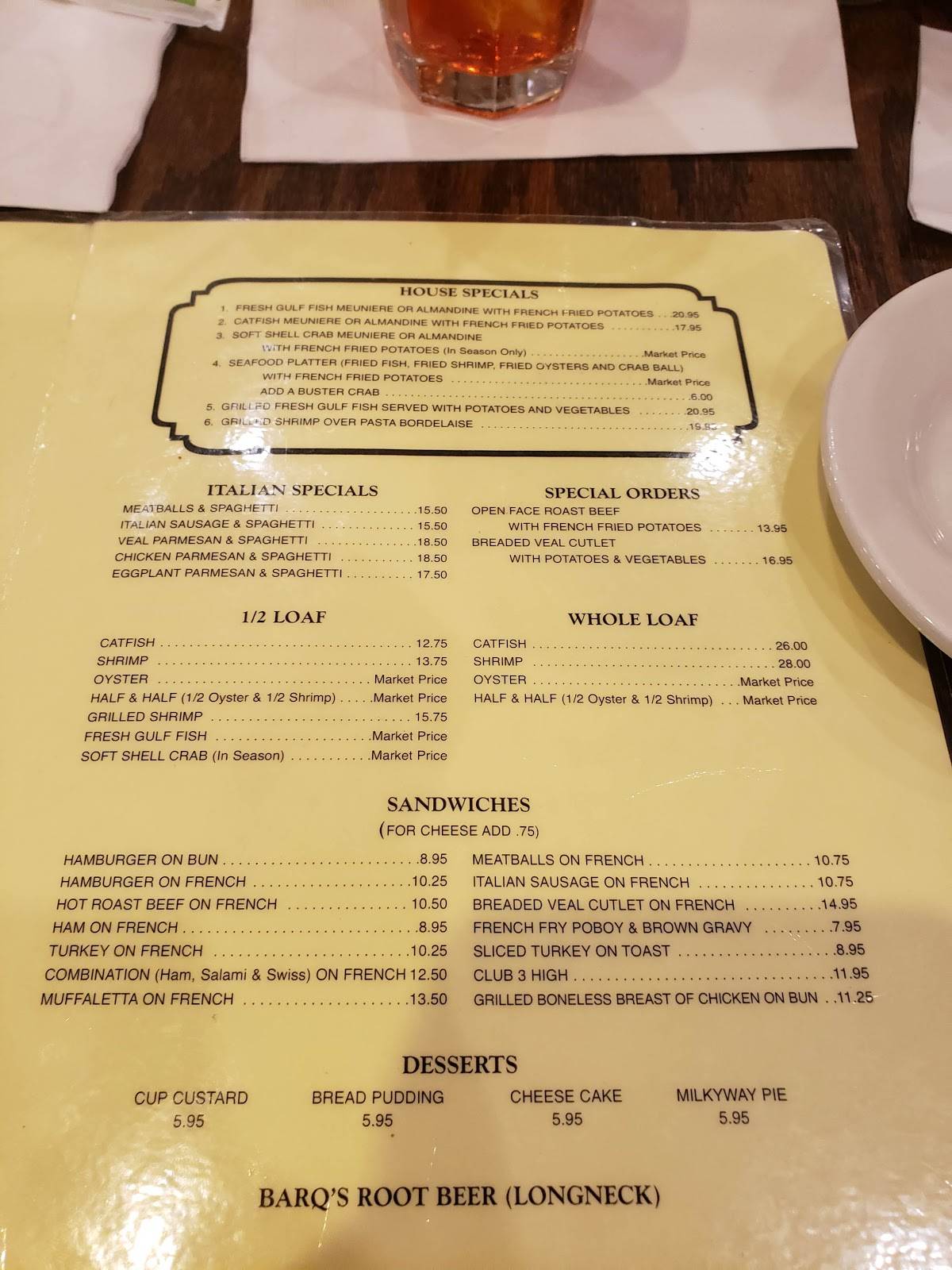 Menu at Mandina's Restaurant, New Orleans