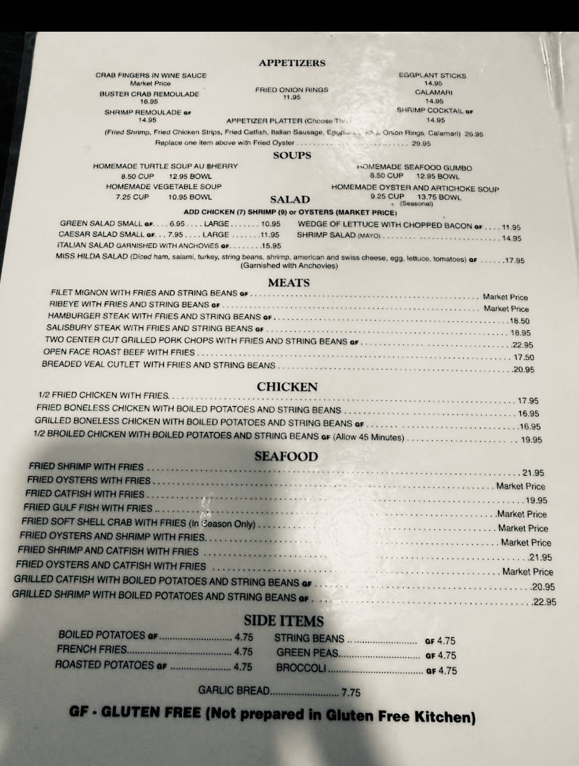 Menu at Mandina's Restaurant, New Orleans