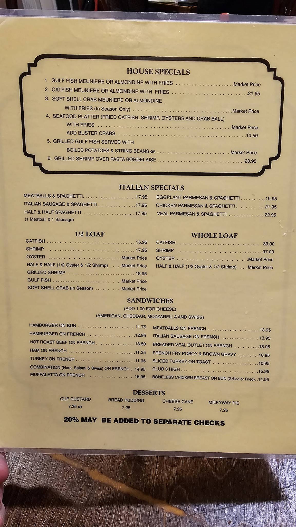 Menu at Mandina's Restaurant, New Orleans