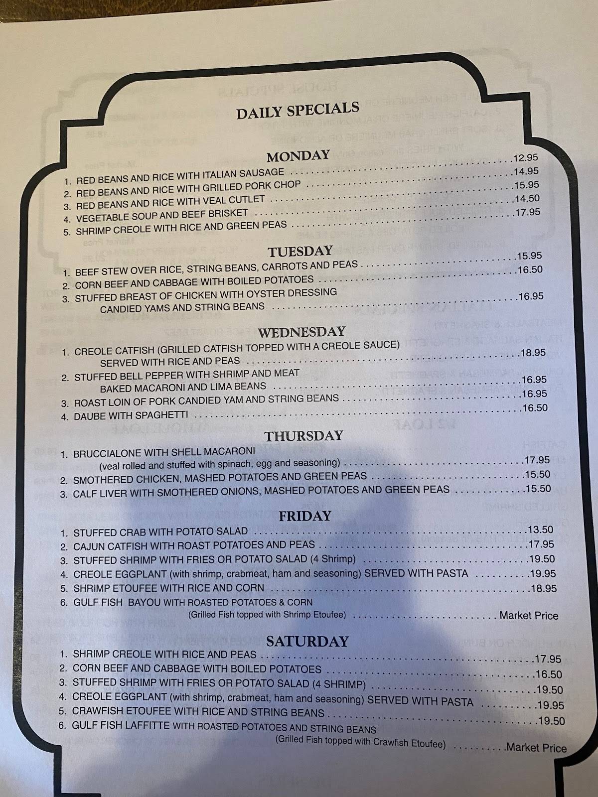 Menu at Mandina's Restaurant, New Orleans