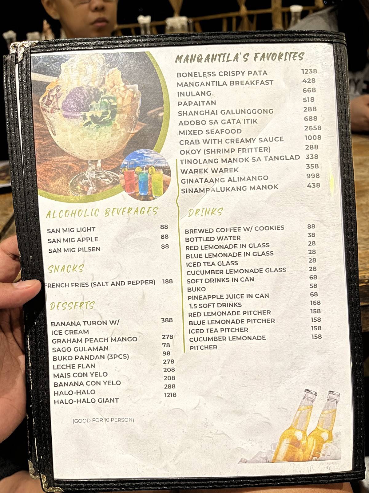 Menu at Mangantila Café restaurant, Baras