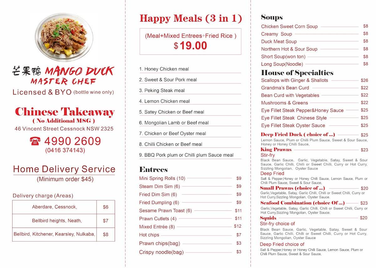 Menu at Mango Duck restaurant, Cessnock