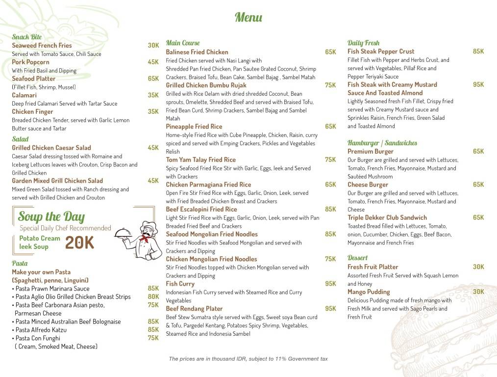 Menu at Mangrove Beach Club, Indonesia