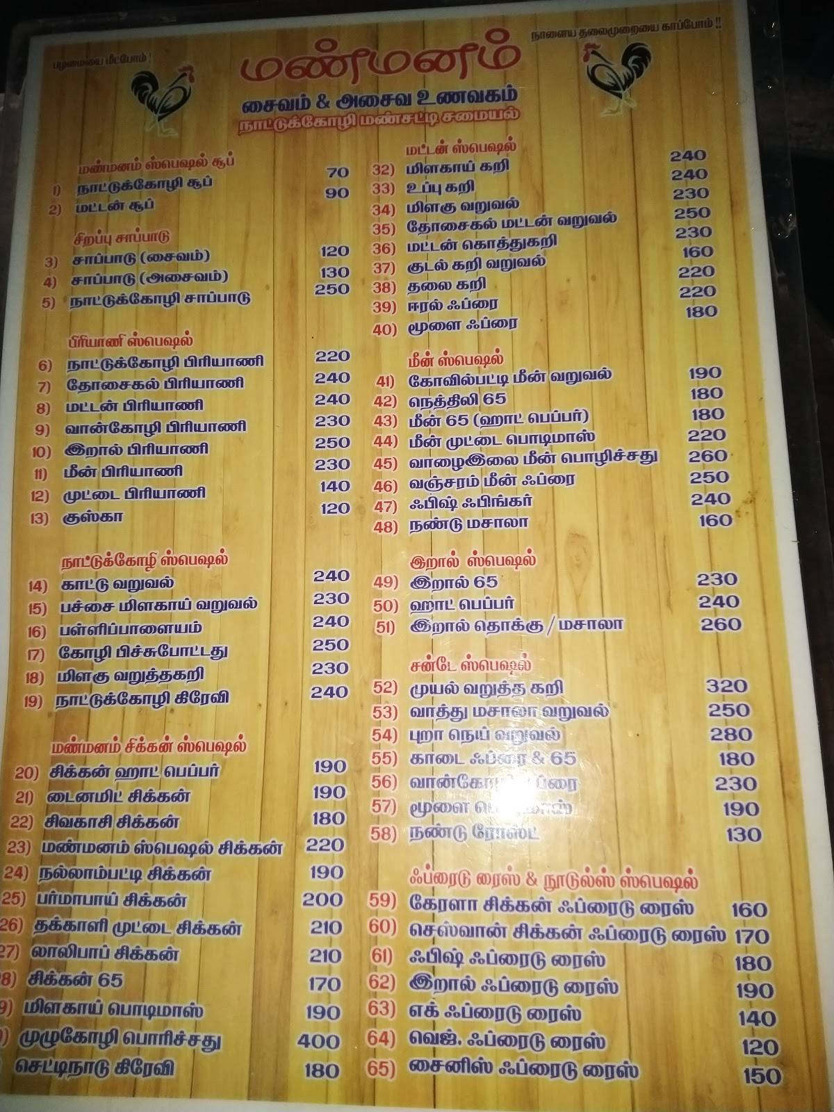 Menu at Manmanam, Chennai