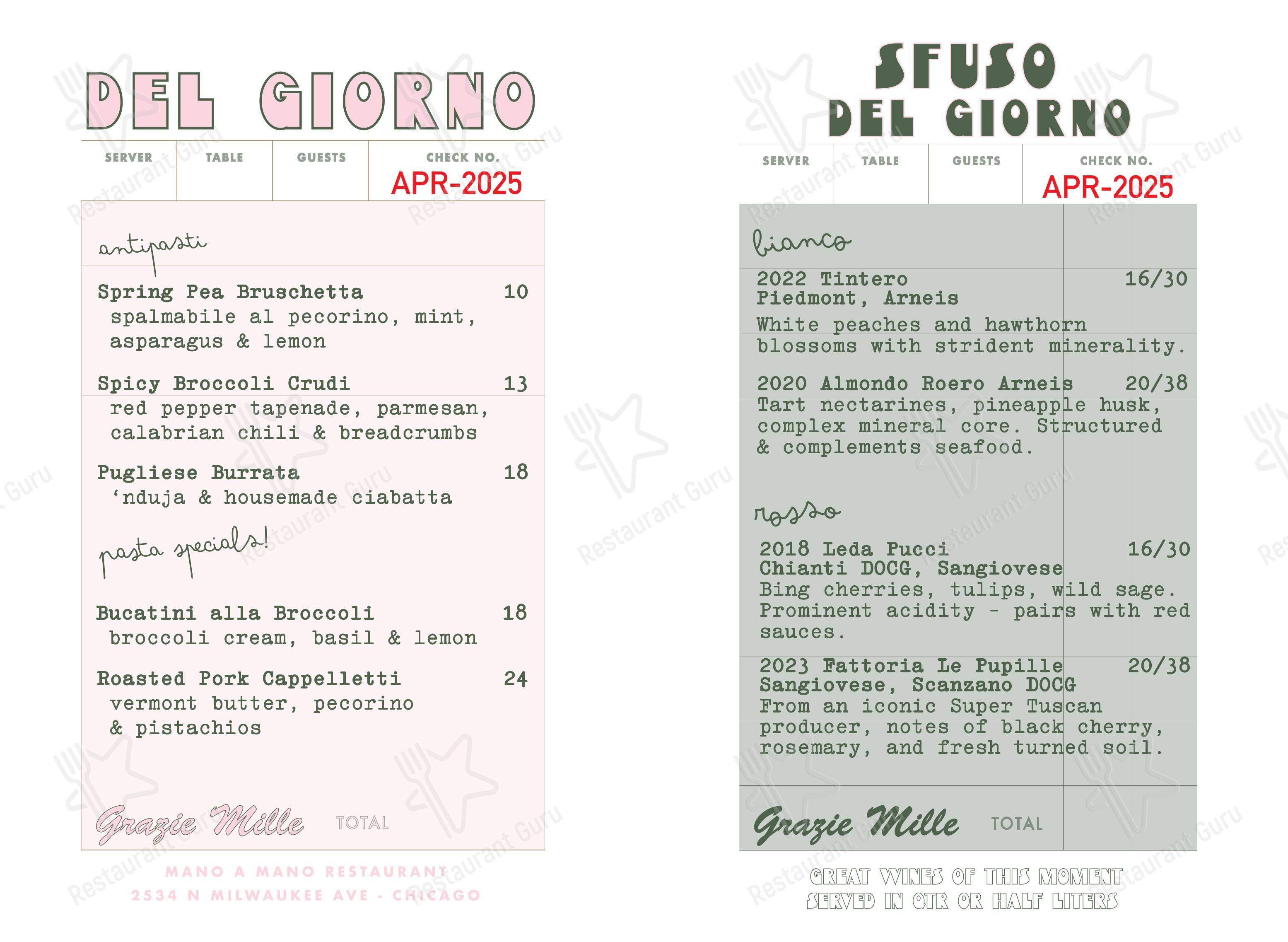 Menu at Mano a Mano pub & bar, Chicago