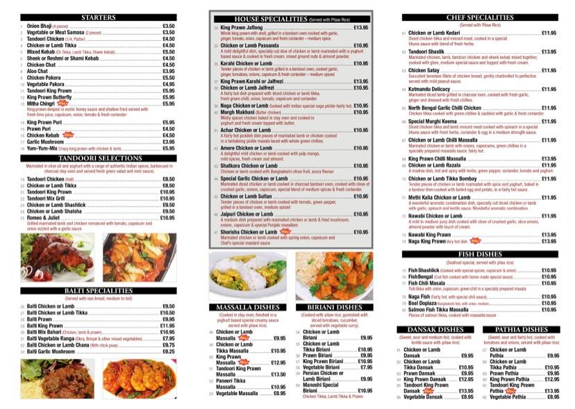 Menu at Manoshi Indian takeaway and restaurant, Brighton