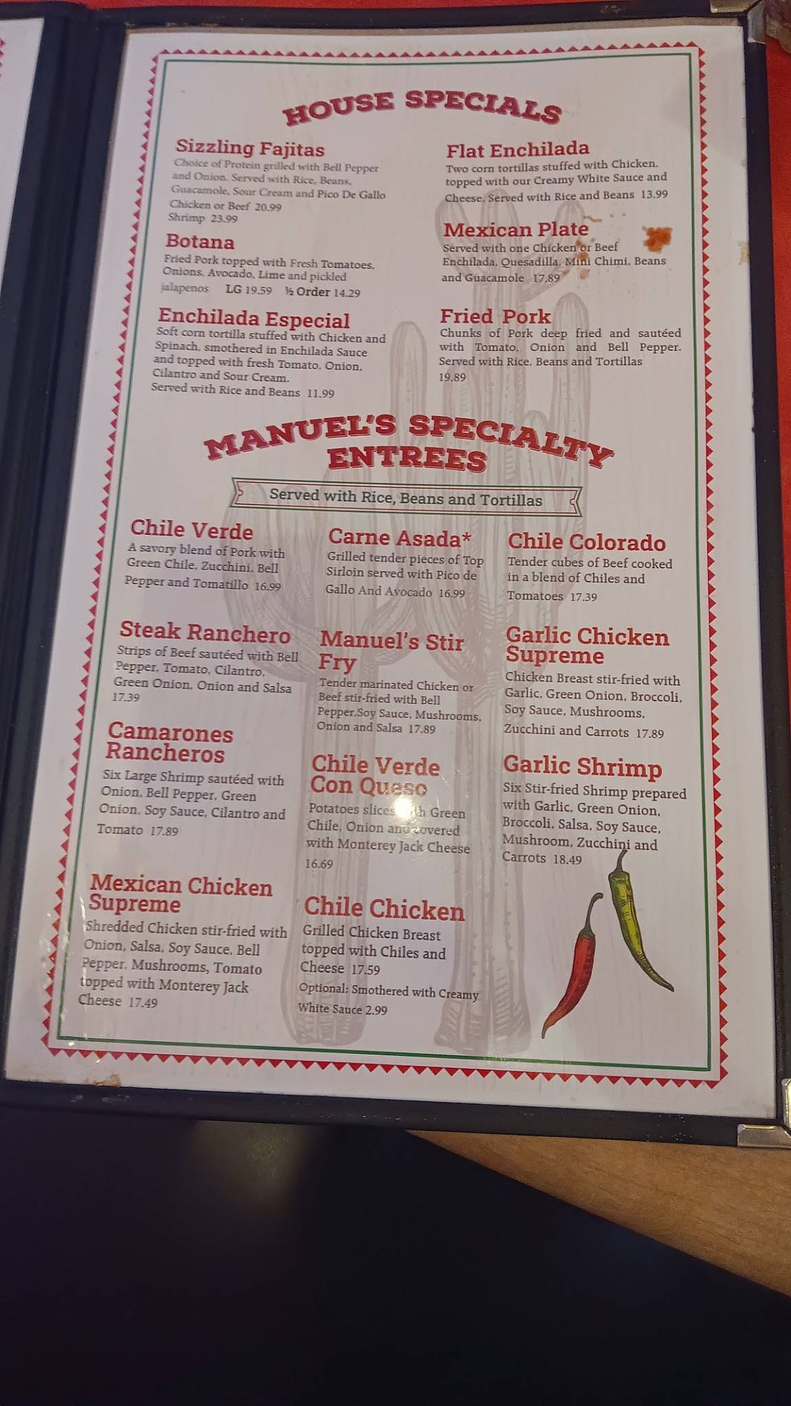Menu at Manuel's Mexican Restaurant, Green Valley