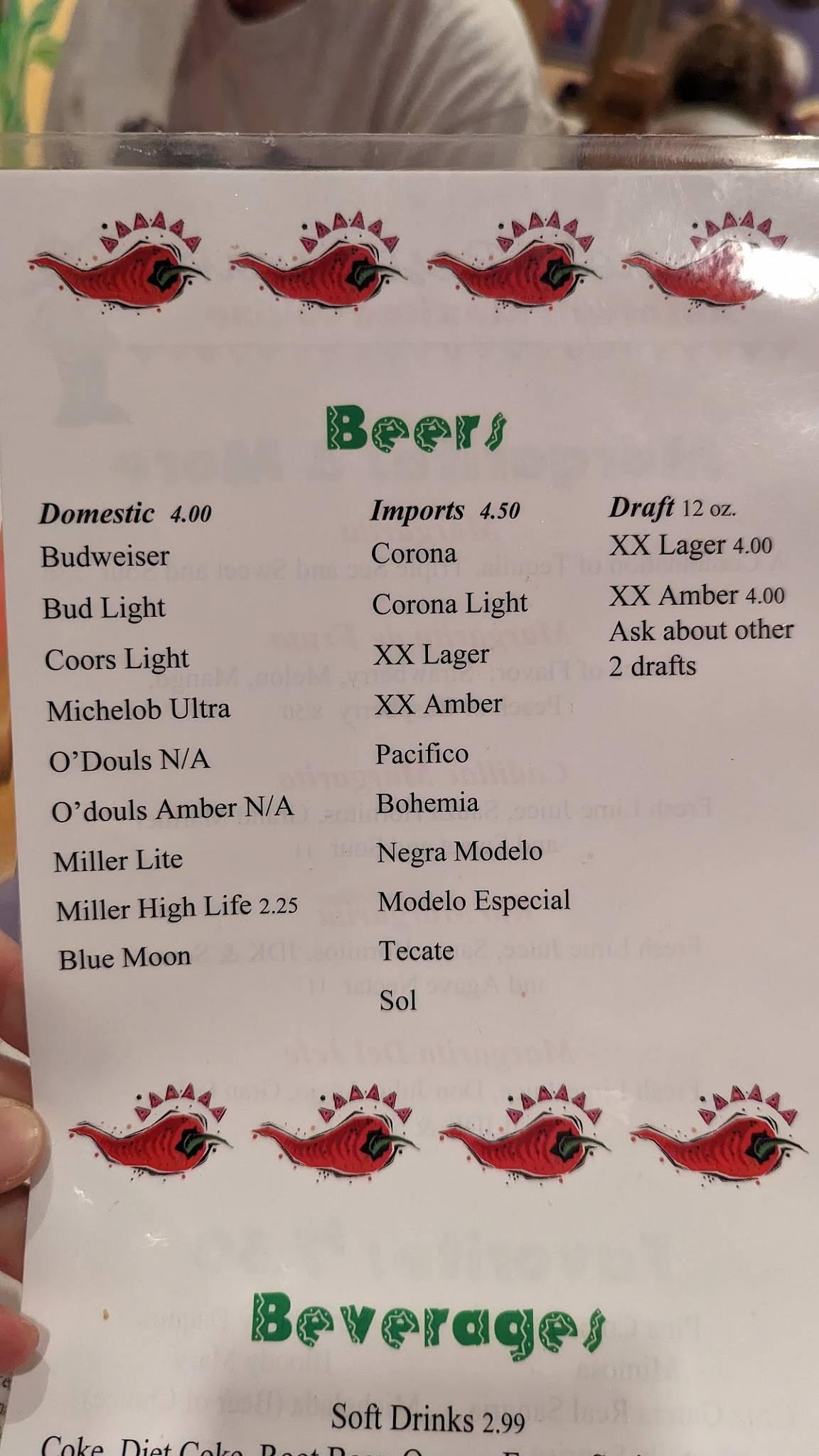Menu at Manuel's Mexican Restaurant, Green Valley