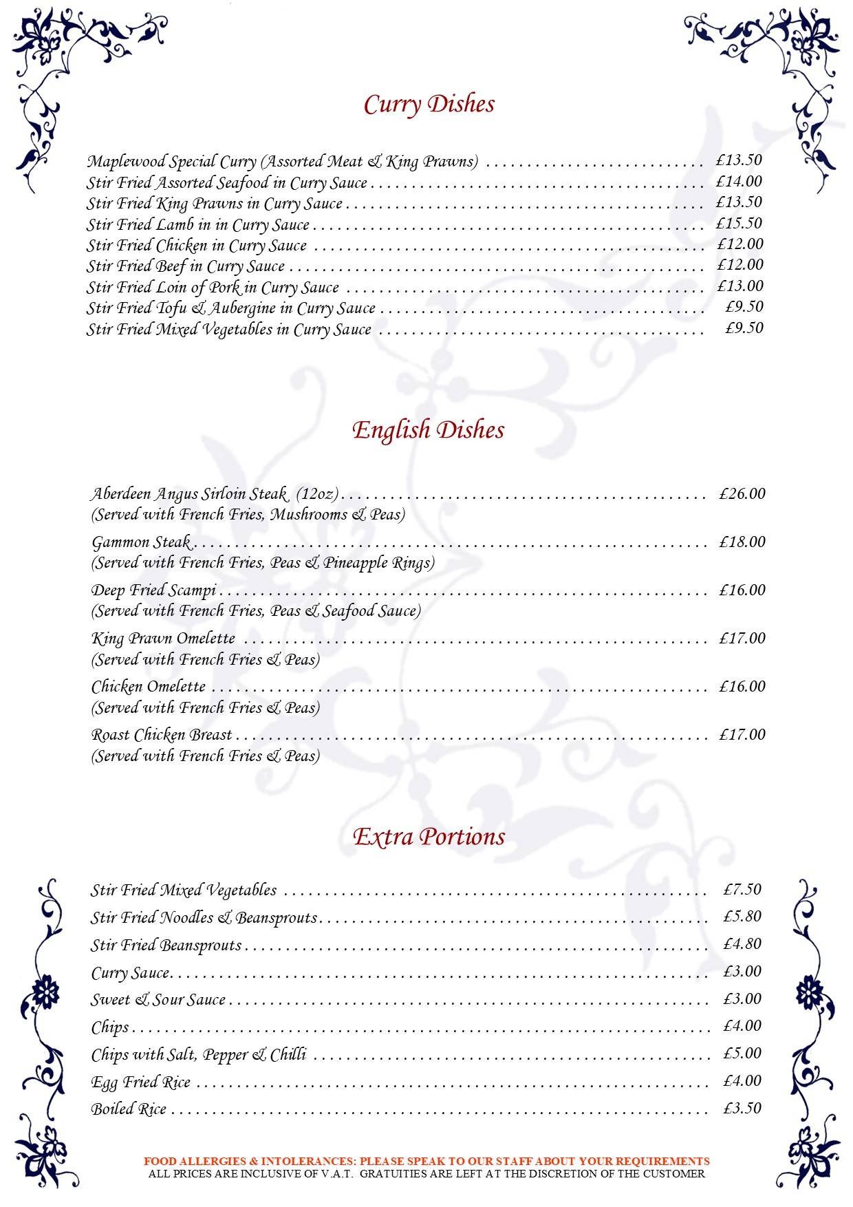 Menu at Maplewood Restaurant, Widnes, Warrington Rd