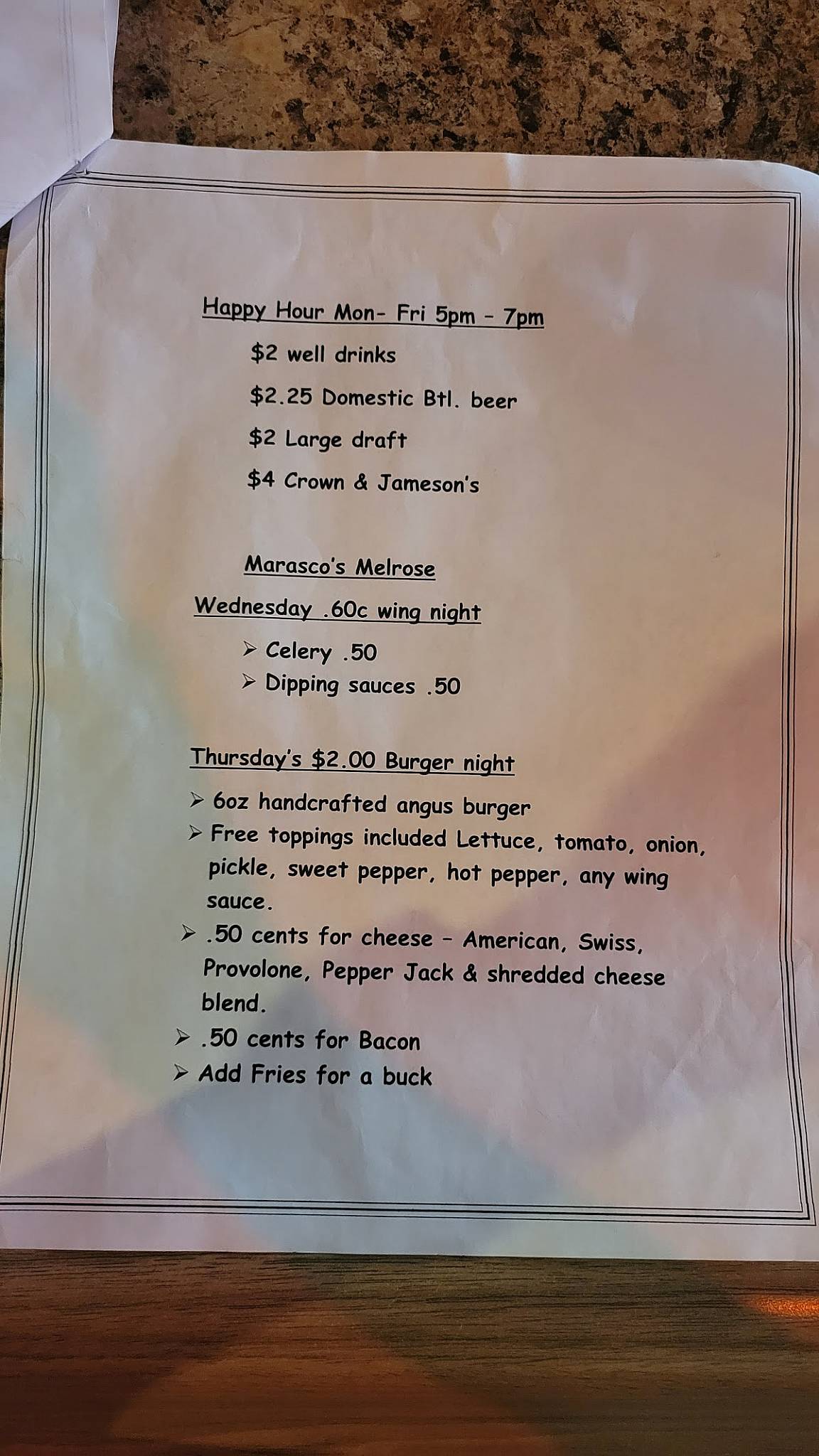 Menu at Marasco's (Melrose Tavern) pub & bar, Pittsburgh