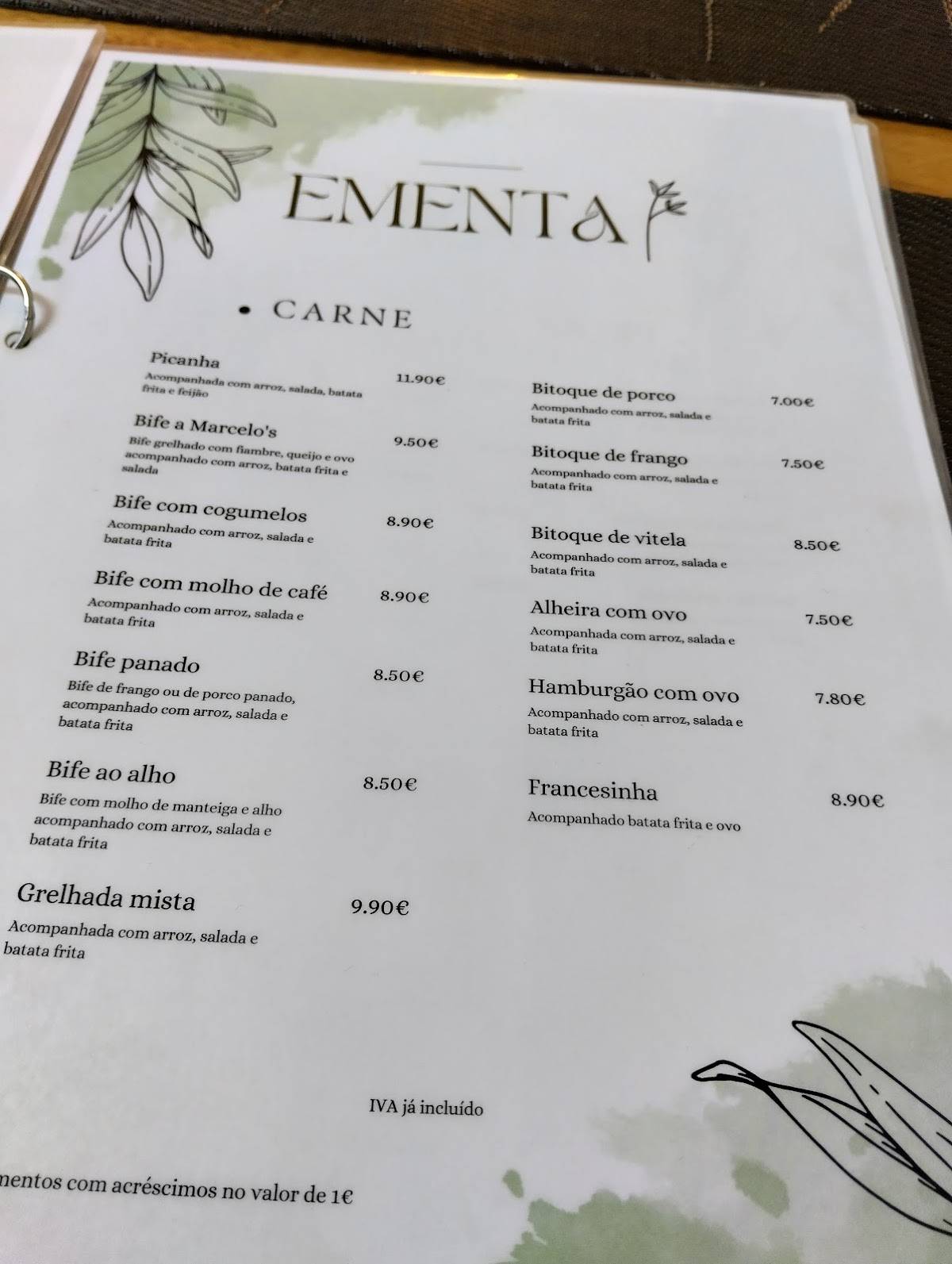 Menu em Marcelo's restaurante, Pinhal Novo