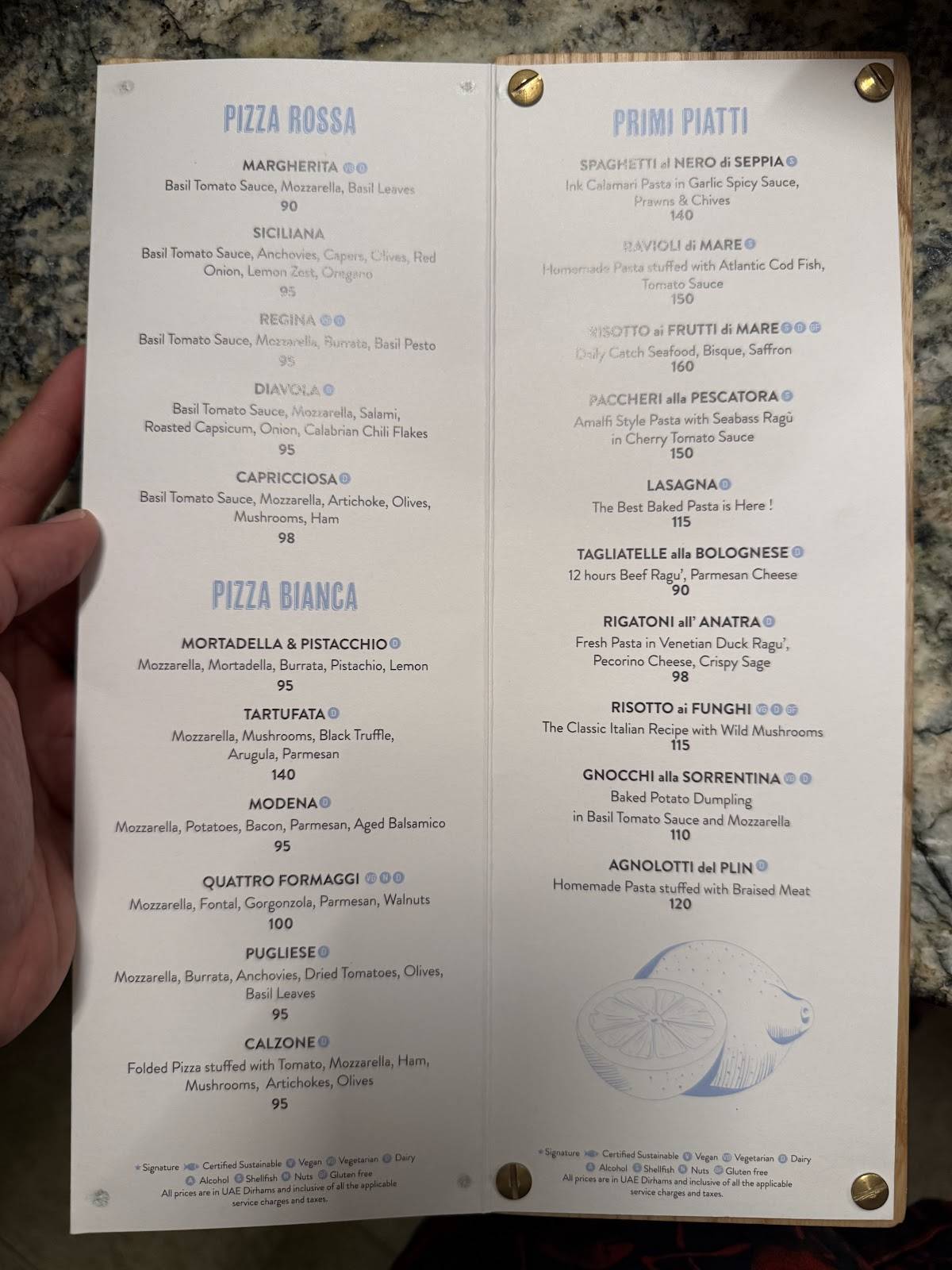 Menu at Mare Mare restaurant, Abu Dhabi