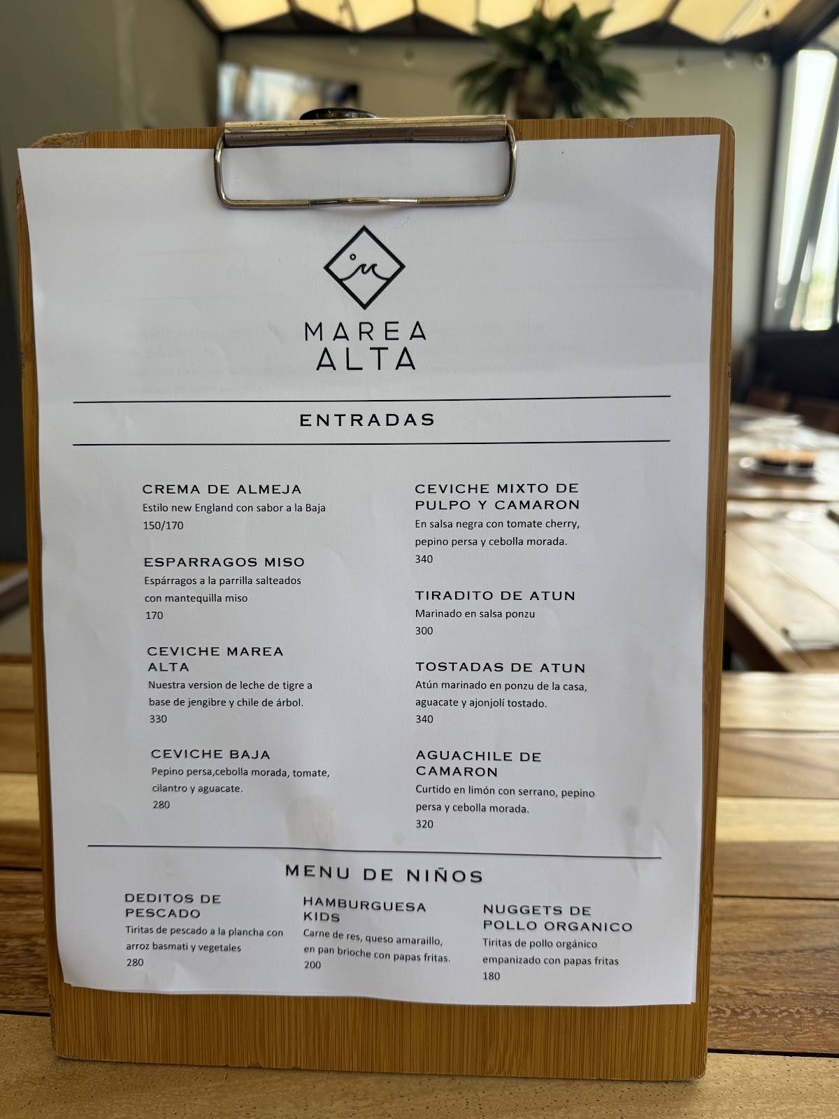 Menu at Marea Alta restaurant, Puerto Nuevo