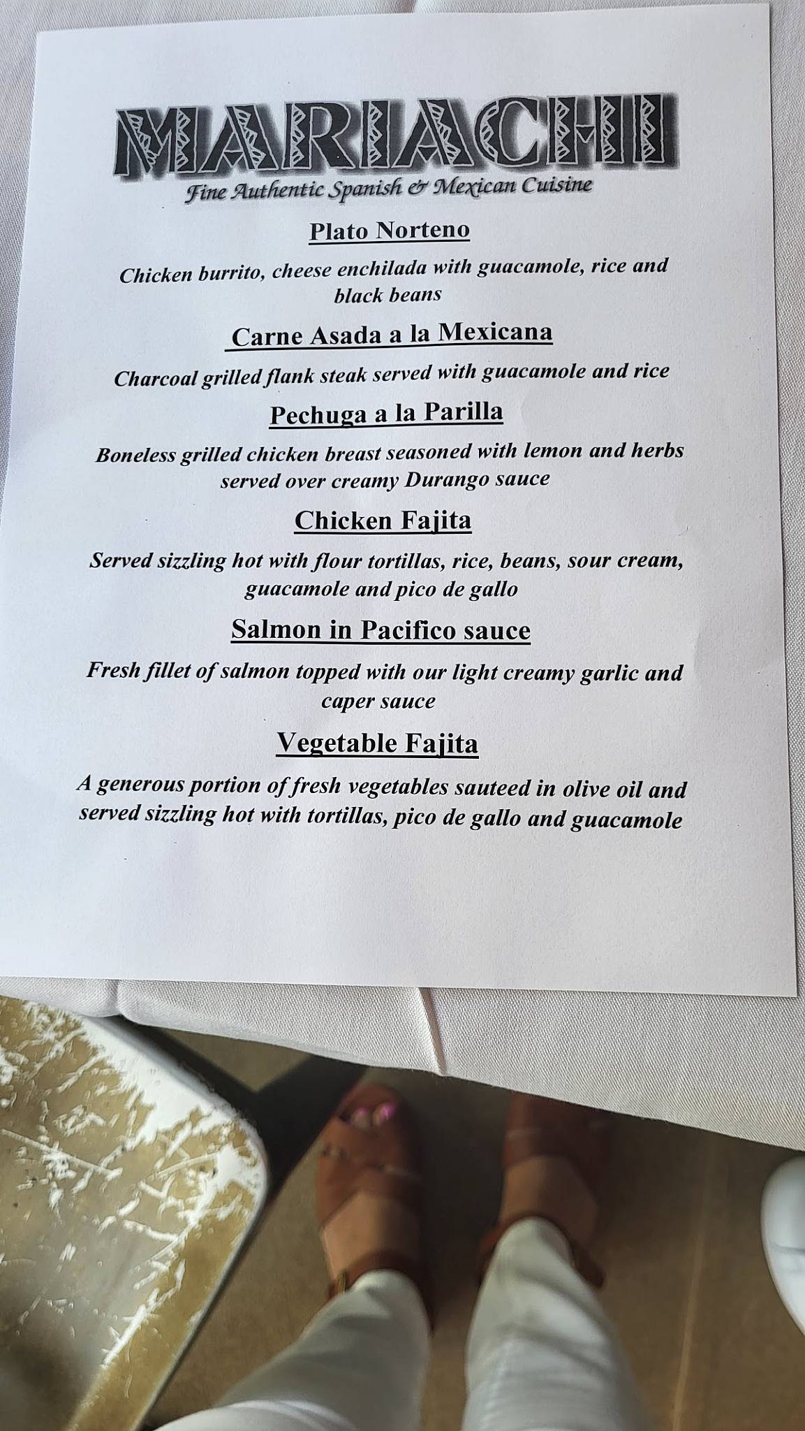 Menu at Mariachi Restaurant, Rehoboth Beach
