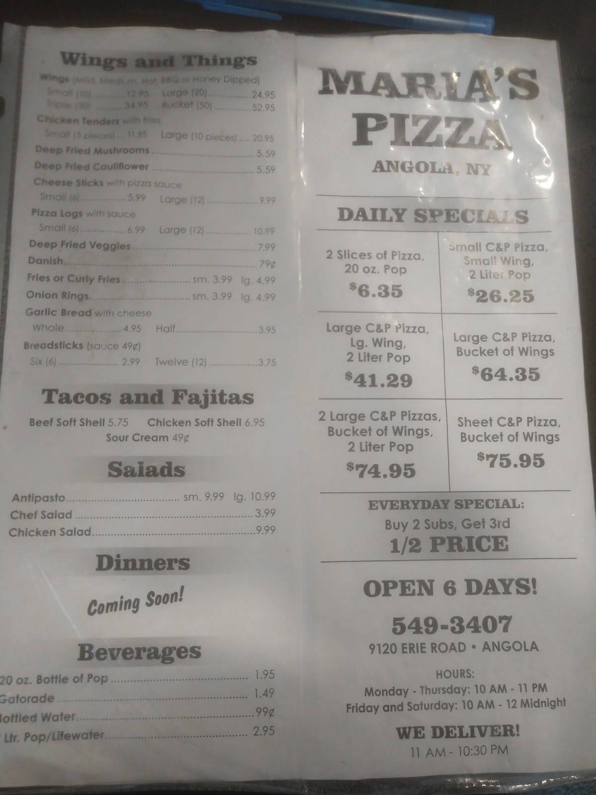 Menu at Maria's Pizza pizzeria, Angola