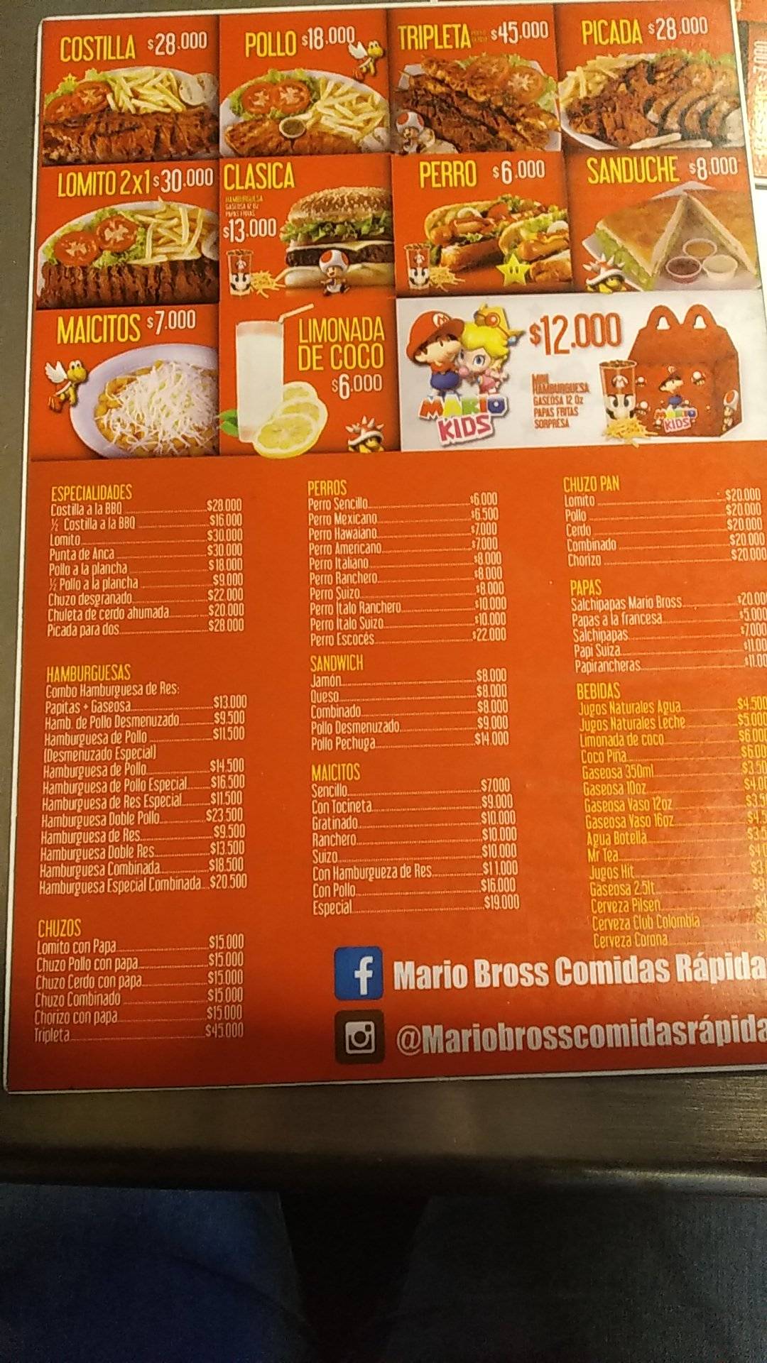 Carta del restaurante Mario Bross, Medellín, Av. 33 #64-26
