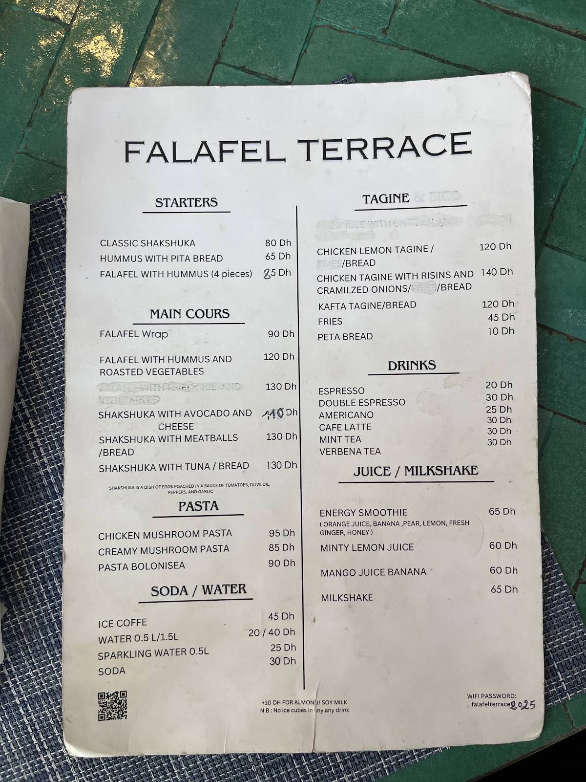 Carta del restaurante Falafel terrace& Brunch, Marrakech