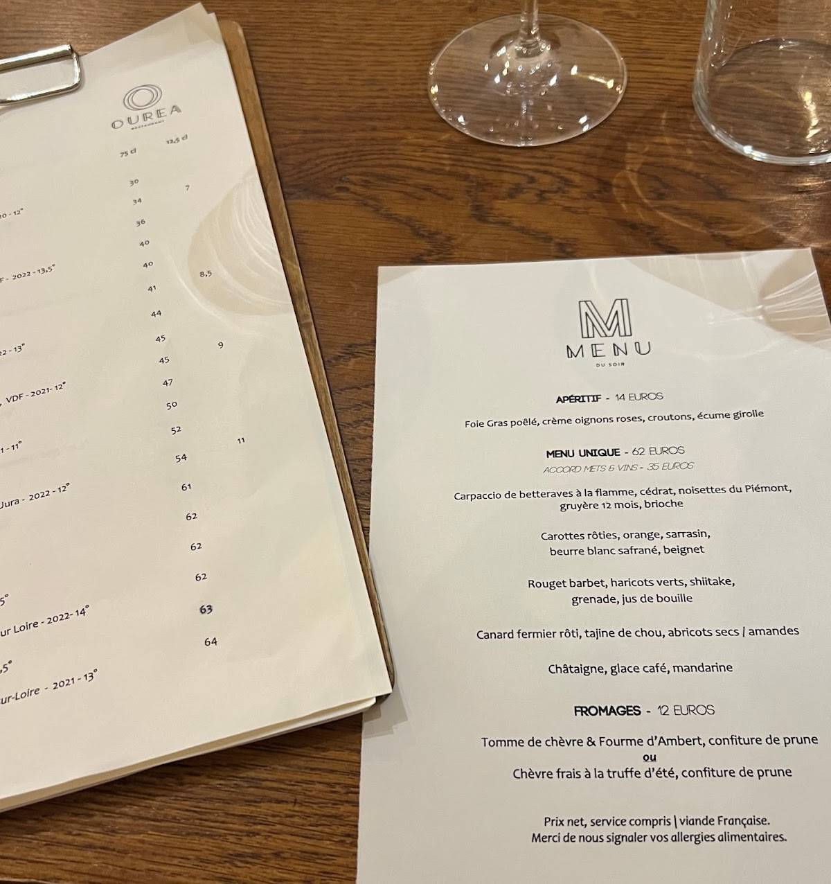 Menu au Ourea restaurant, Marseille