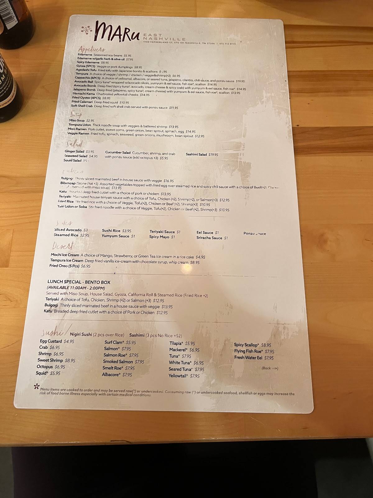 Menu at Maru Sushi & Grill - East Nashville restaurant, Nashville