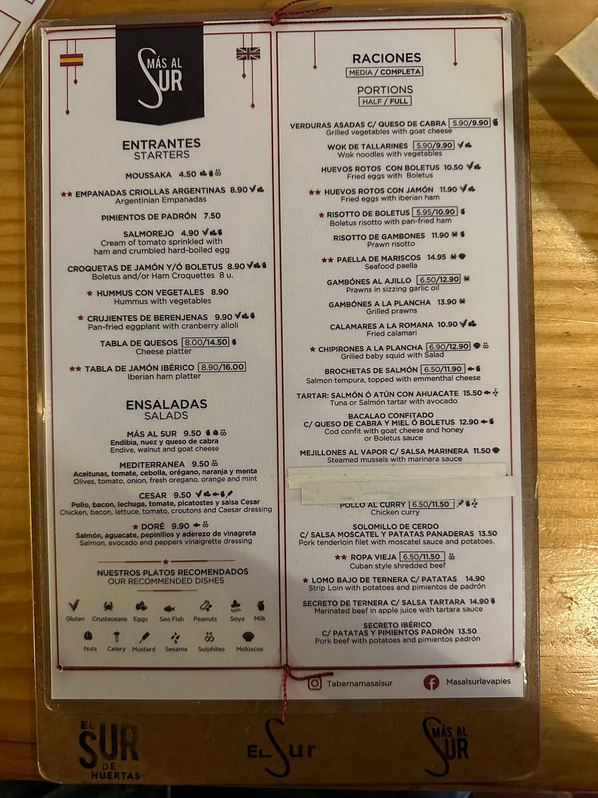 Menu at Mas Al Sur restaurant, Madrid