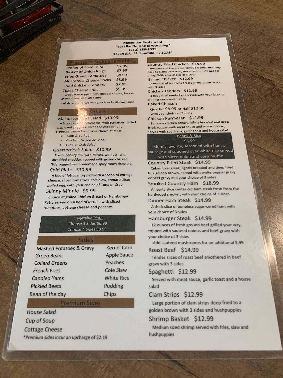 Menu at The Mason Jar Restaurant, Umatilla