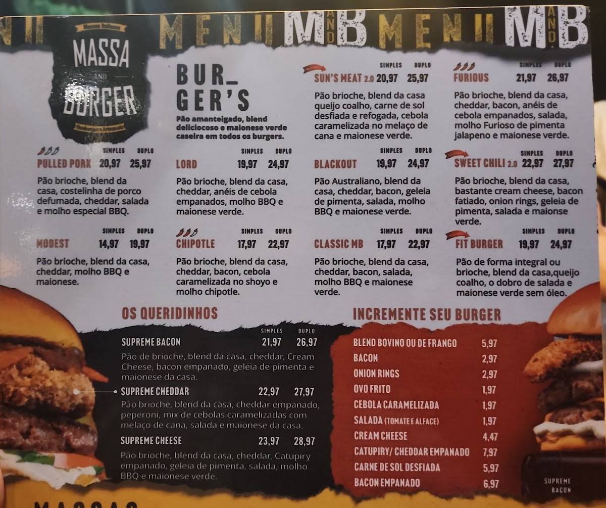 Menu em Massa and Burger restaurante, Brasil