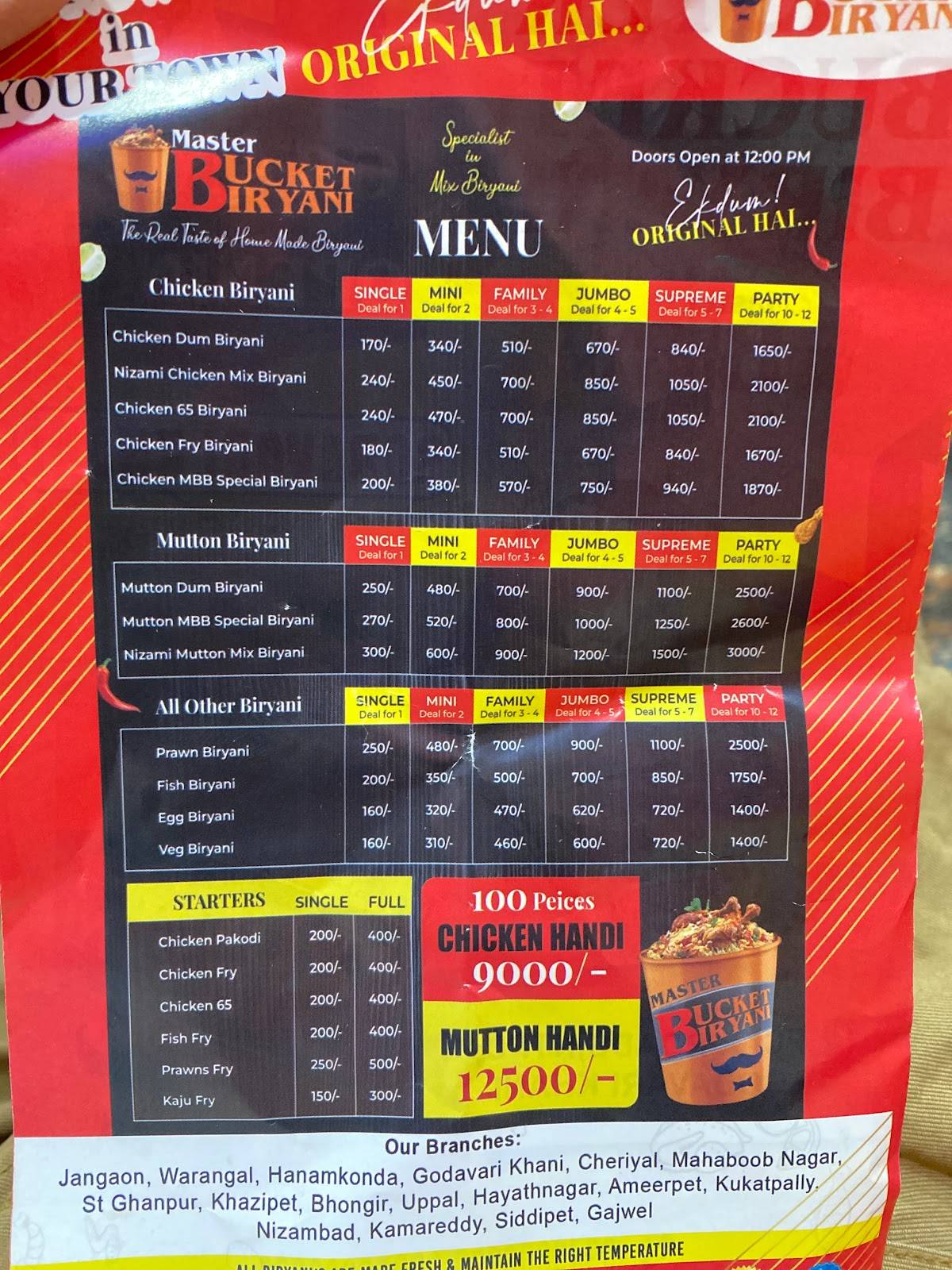 Menu at Master Bucket Biryani Godavarikhani City, Ramagundam
