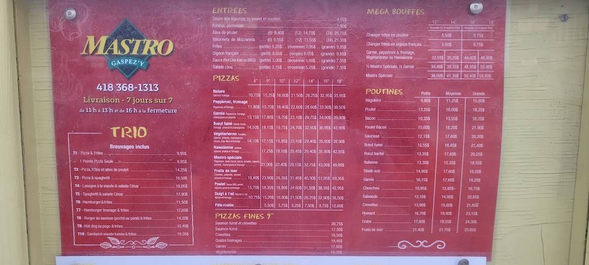 Menu at Mastro Pizzeria, Gaspé