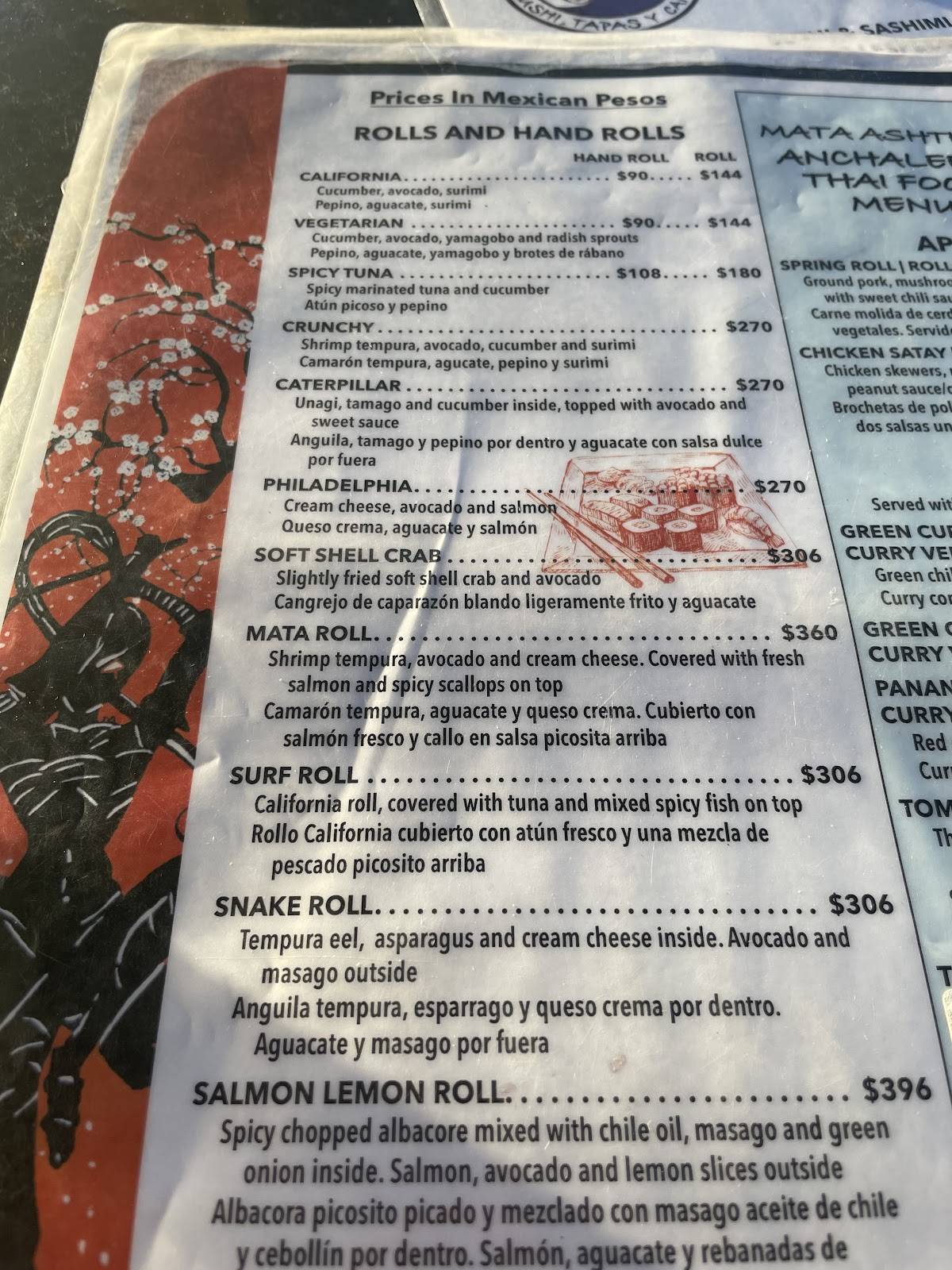 Carta de Mata Ashta Restaurant, Tijuana