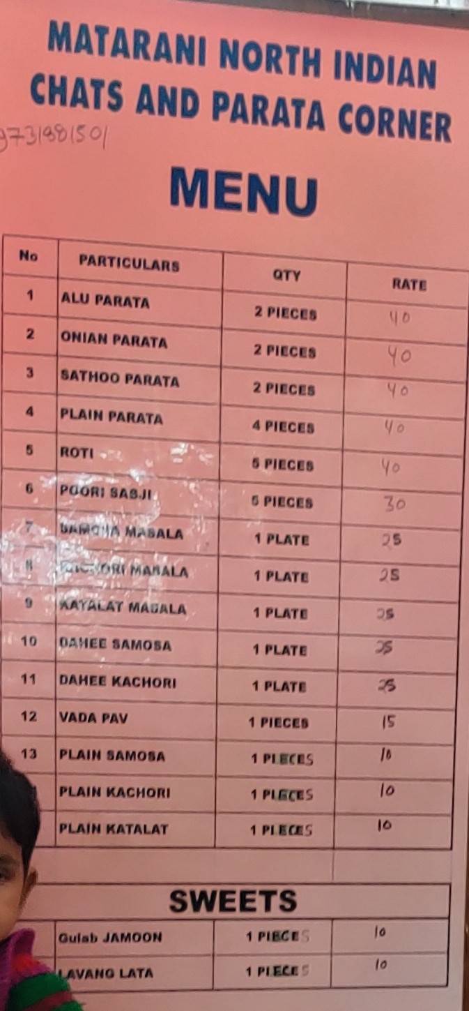 Menu at Mata rani north indian chats corner, Bengaluru