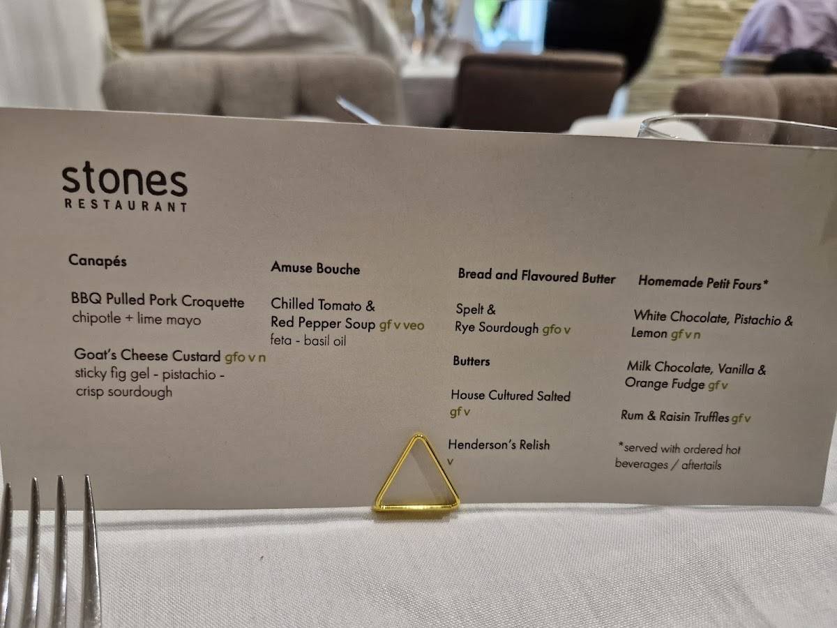 Menu at Stones restaurant, Matlock