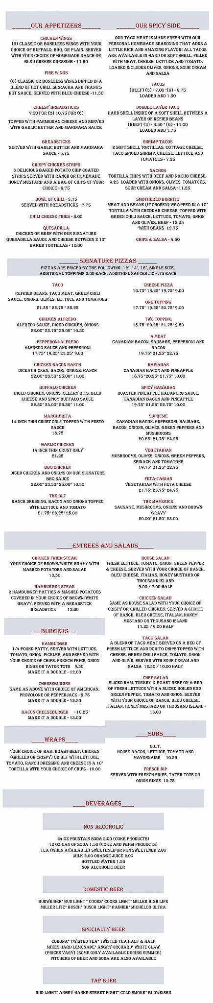 Menu at Maverick Bar and Casino, Roundup