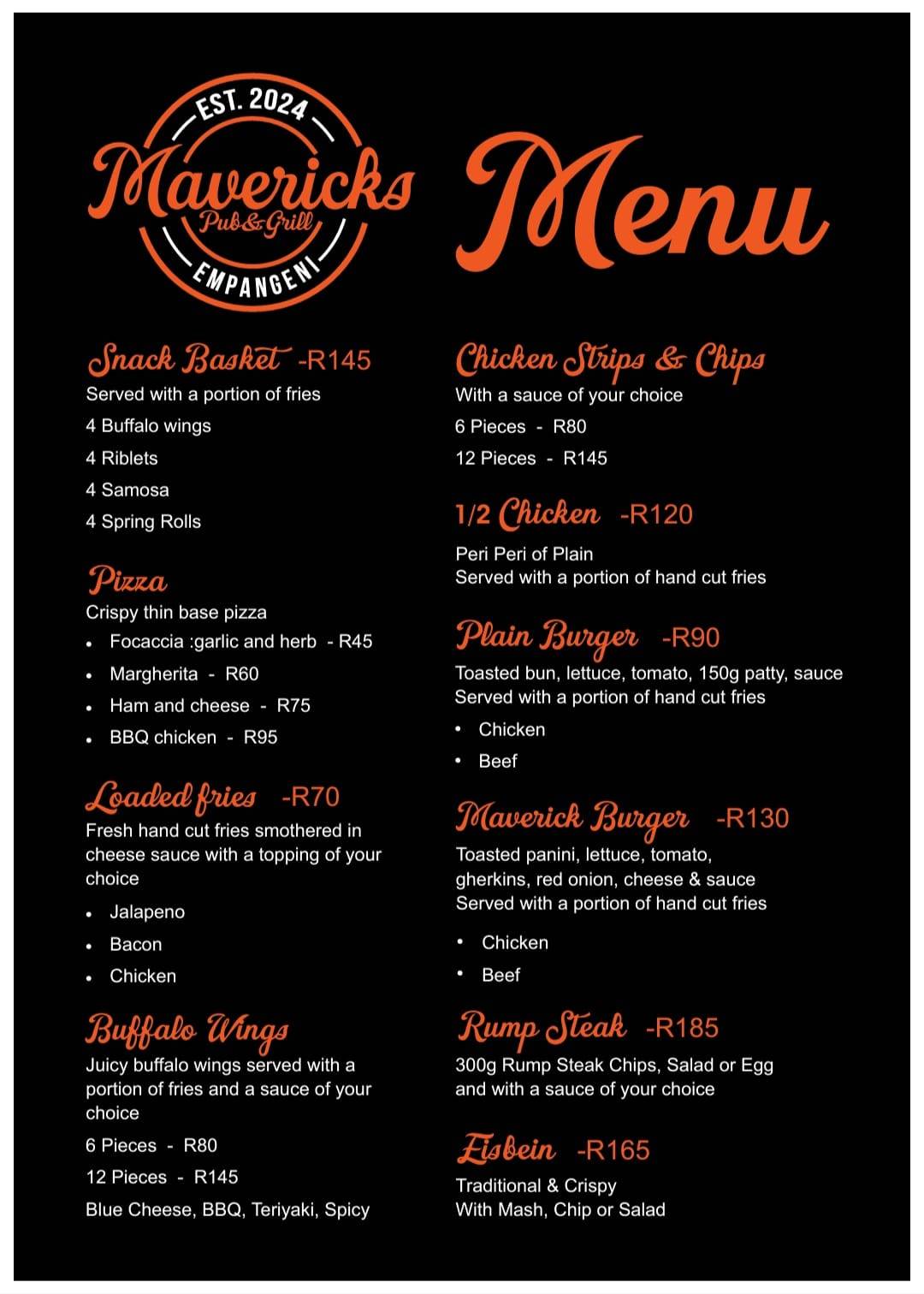 Carta de Mavericks Pub & Grill, Empangeni