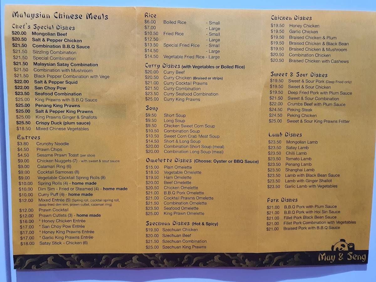 Menu at May & Seng Chinese Take Away fast food, Heddon Greta