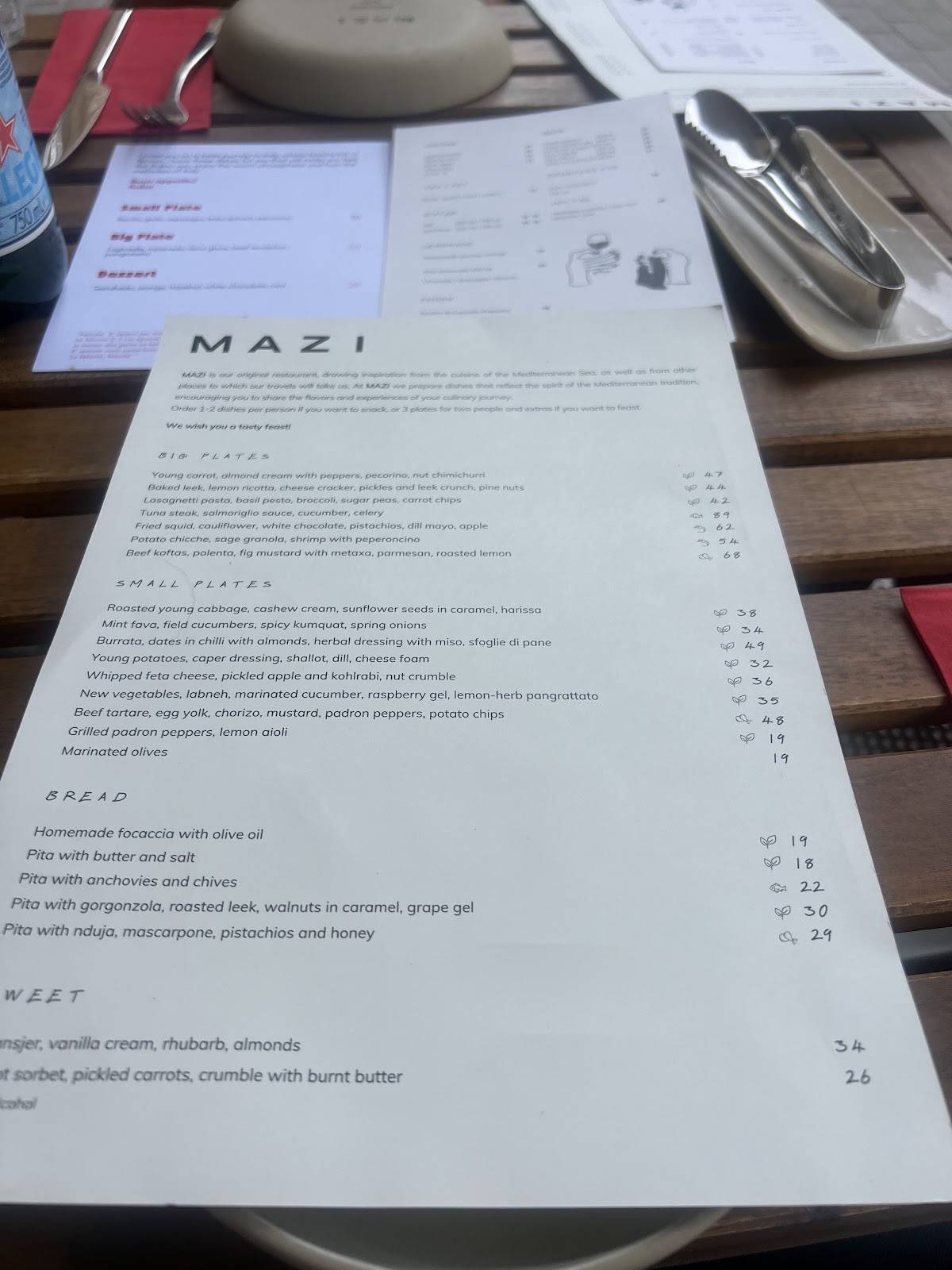 Menu at Mazi restaurant, Kraków