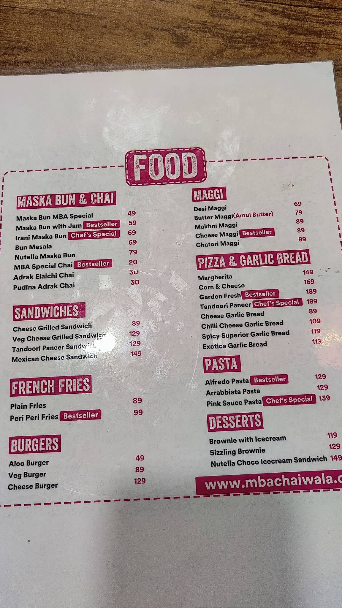 Menu at Mba Chaiwala, Vadodara