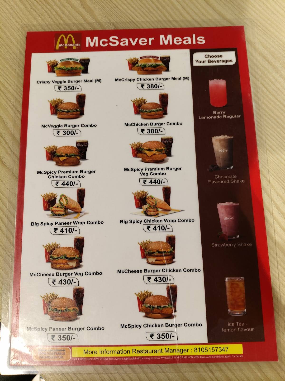 Menu at McDonald's, Bengaluru, Velankani Drive