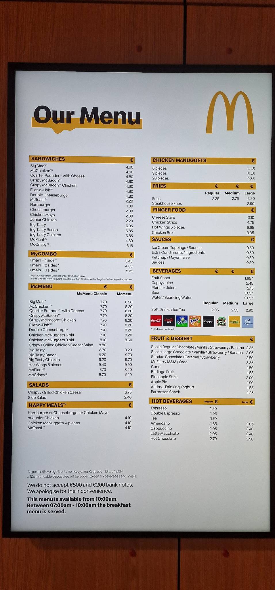 Menu at McDonald's restaurant, Valletta, Republic Street Valletta