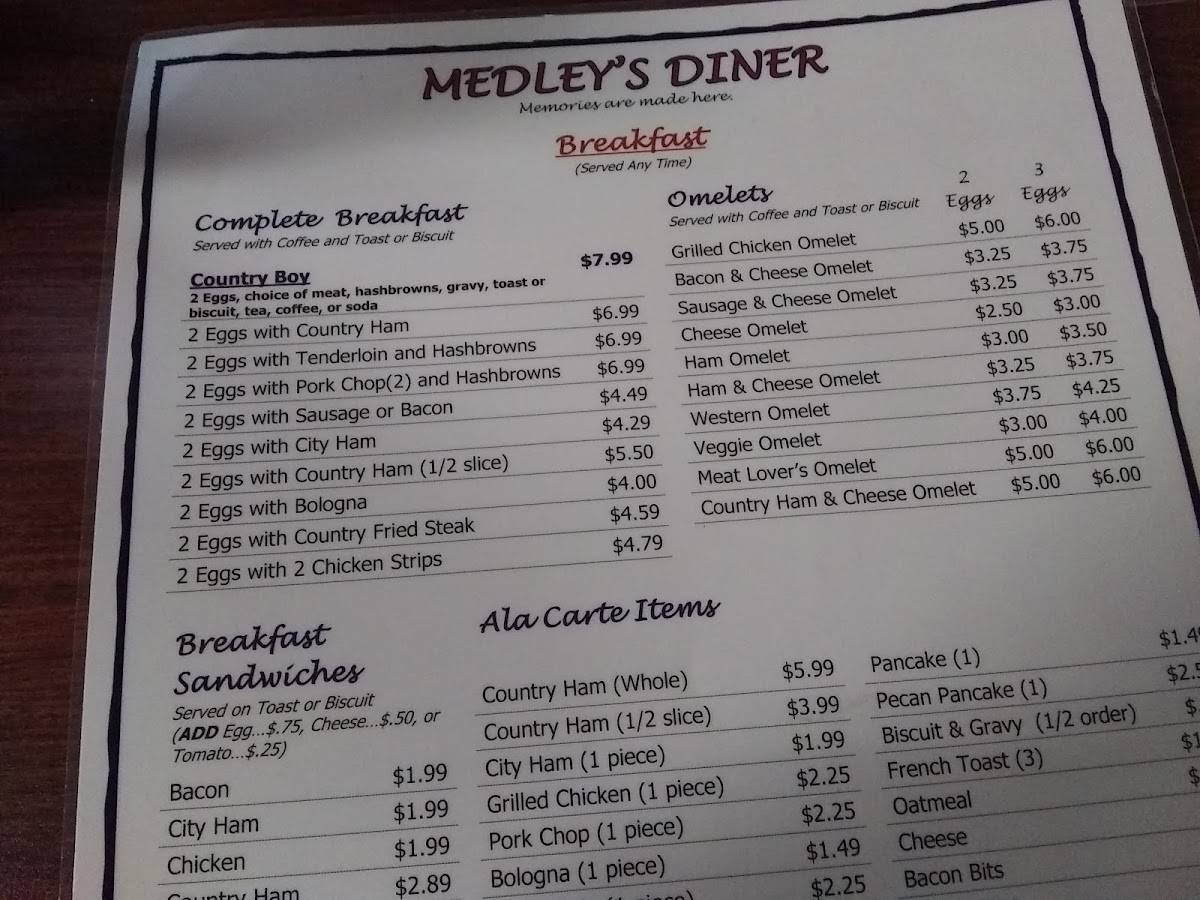 Menu at Medley's Diner restaurant, Morrison, 7783 Manchester Hwy