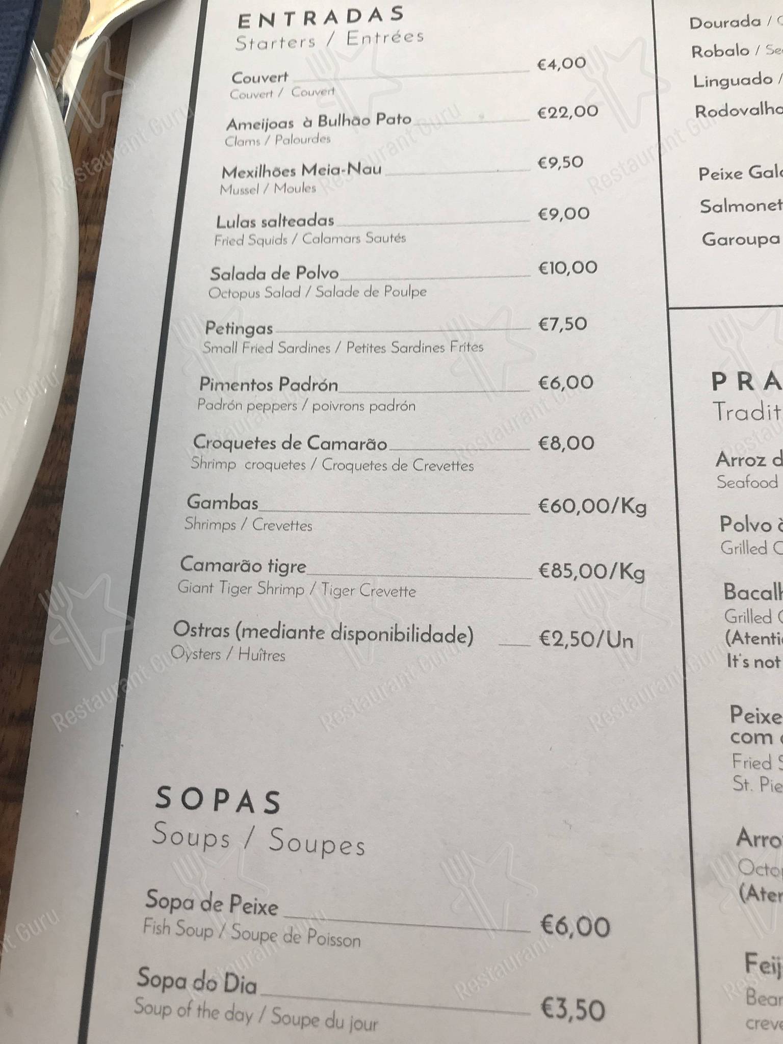 Menu em Meia-Nau Porto restaurante, Porto