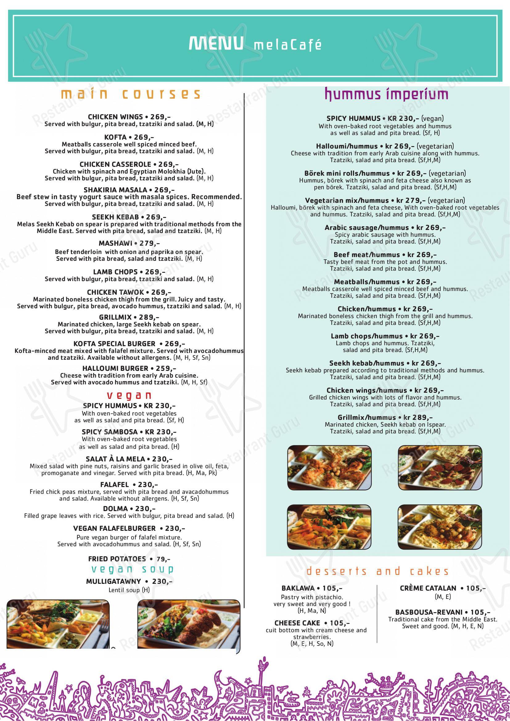 Menu at Mela Café restaurant, Oslo