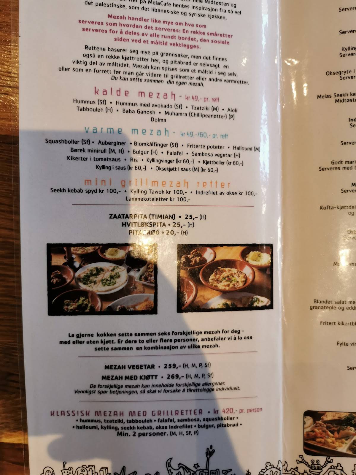 Menu at Mela Café restaurant, Oslo