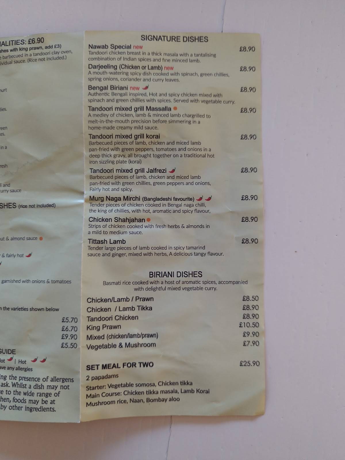 Menu at Mela restaurant, Clanfield