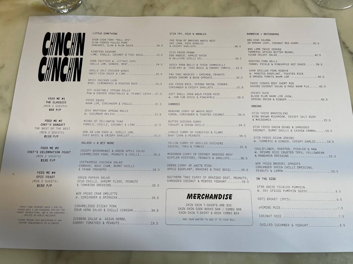Menu at Chin Chin restaurant, Melbourne