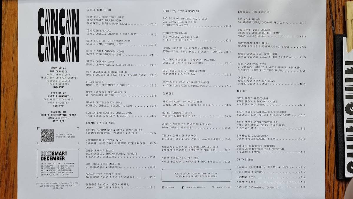 Menu at Chin Chin restaurant, Melbourne