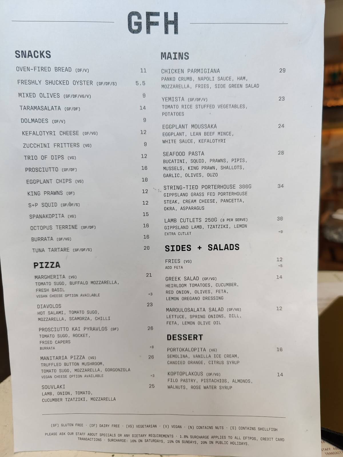 Menu at Golden Fleece Hotel restaurant, South Melbourne