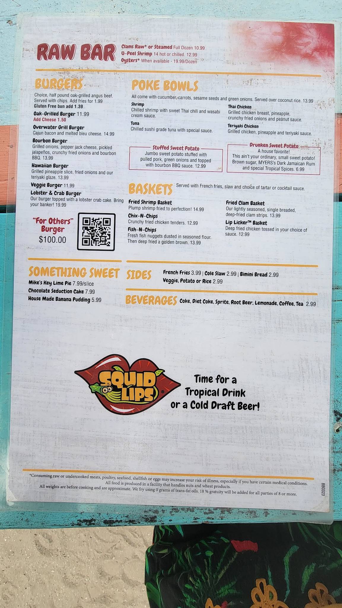 Menu at Squid Lips restaurant, Melbourne
