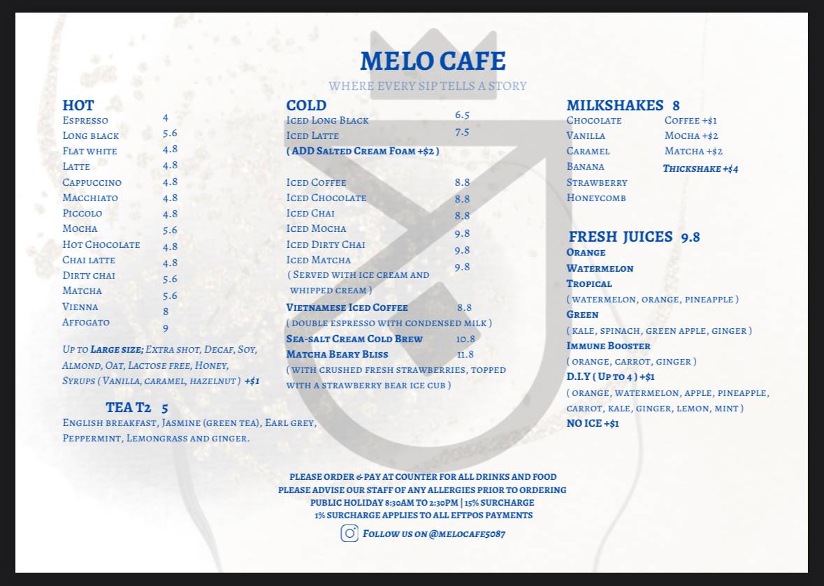 Menu at Melo Cafe, Windsor Gardens